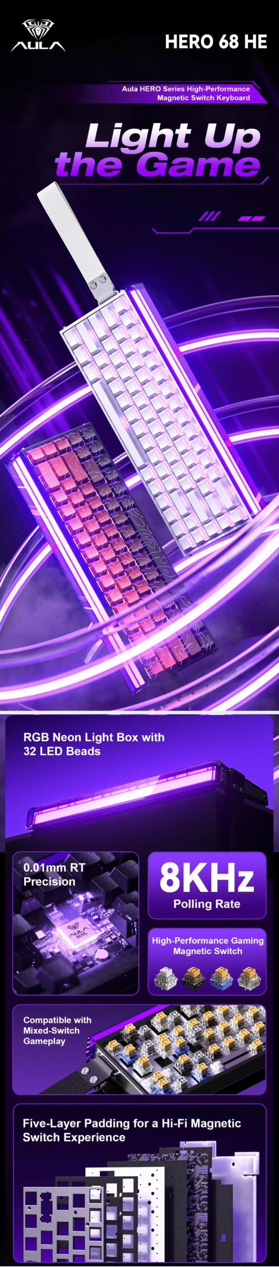 Aula Hero 68 HE Wired Magnetic Switch Keyboard - Black Lighthouse - PC Lab